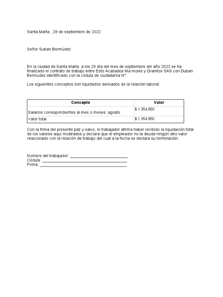 Modelo de Paz y Salvo Laboral | PDF