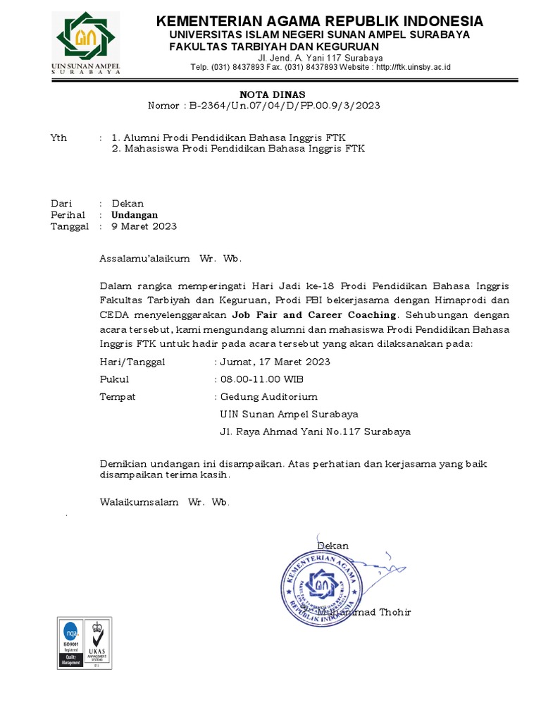 Undangan Job Fair PBI FTK UIN Surabaya | PDF