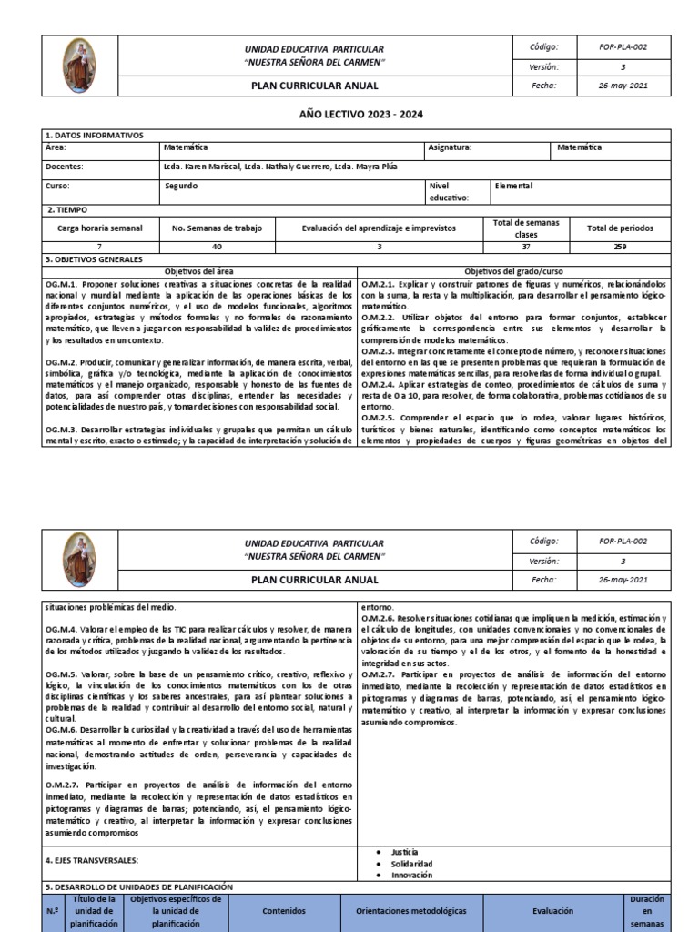 Pca 2do Mat 2023 - 2024 | PDF | Números | Matemáticas