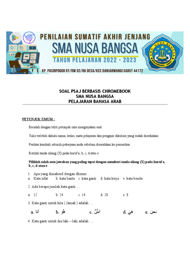 Soal Psaj Berbasis Chromebook Sma Nusa Bangsa Pelajaran Bahasa Arab | PDF