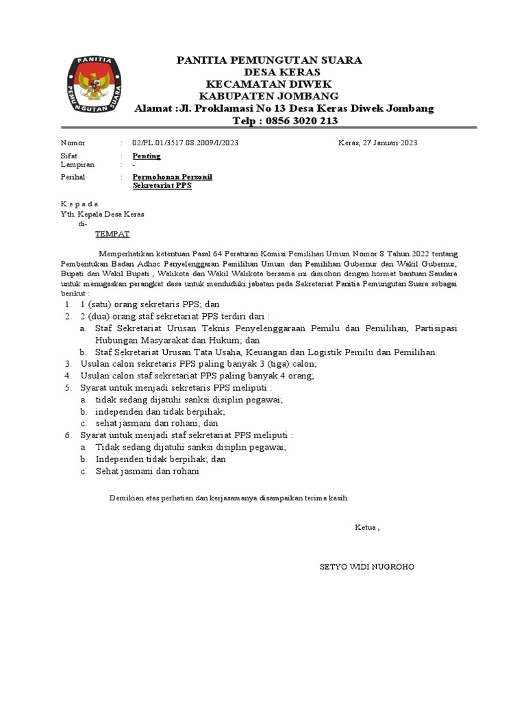 Contoh Surat Usulan Sekretariat PPS | PDF