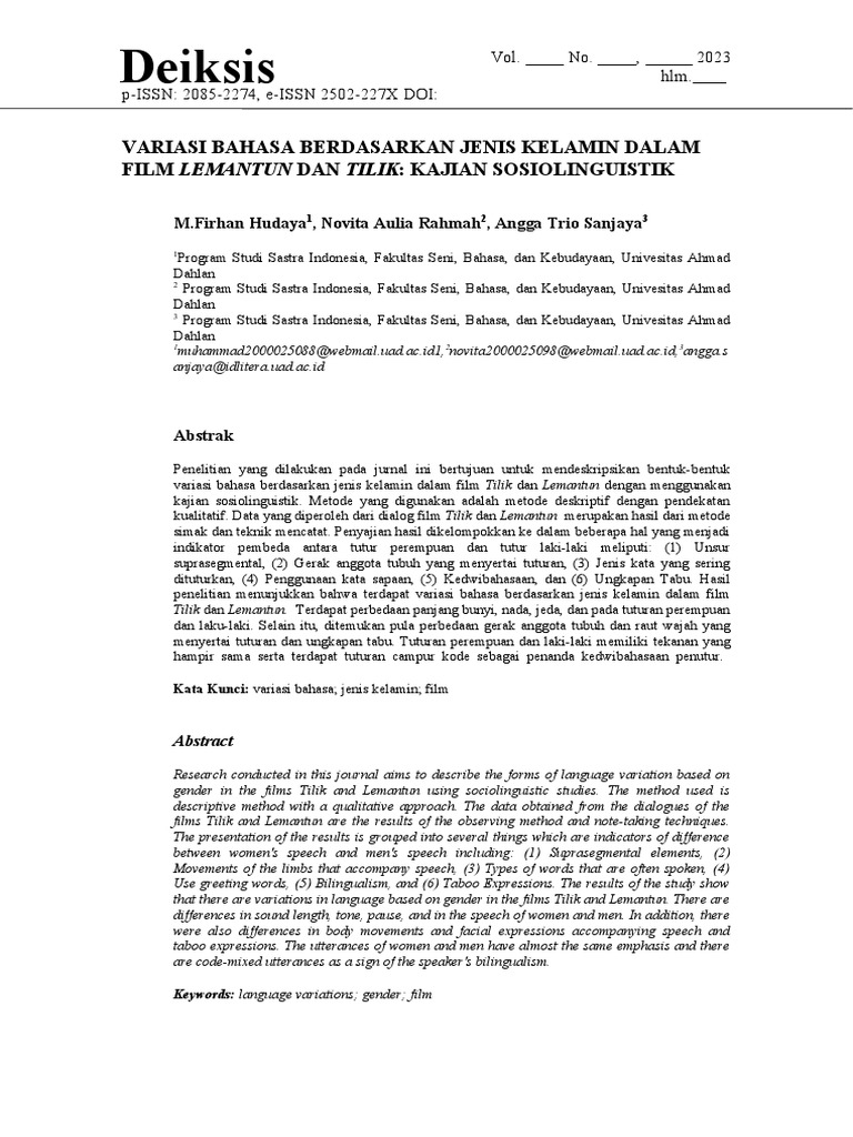 Variasi Bahasa Berdasarkan Jenis Kelamin Dalam Film Lemantun Dan Tilik ...