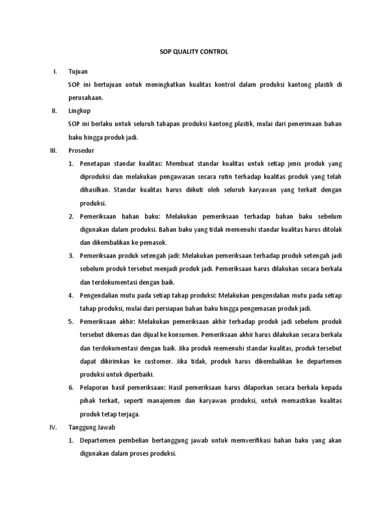 Sop Quality Control | PDF | Teknologi & Rekayasa