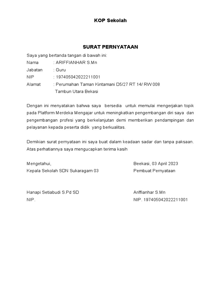 SURAT PERNYATAAN Untuk PMM | PDF