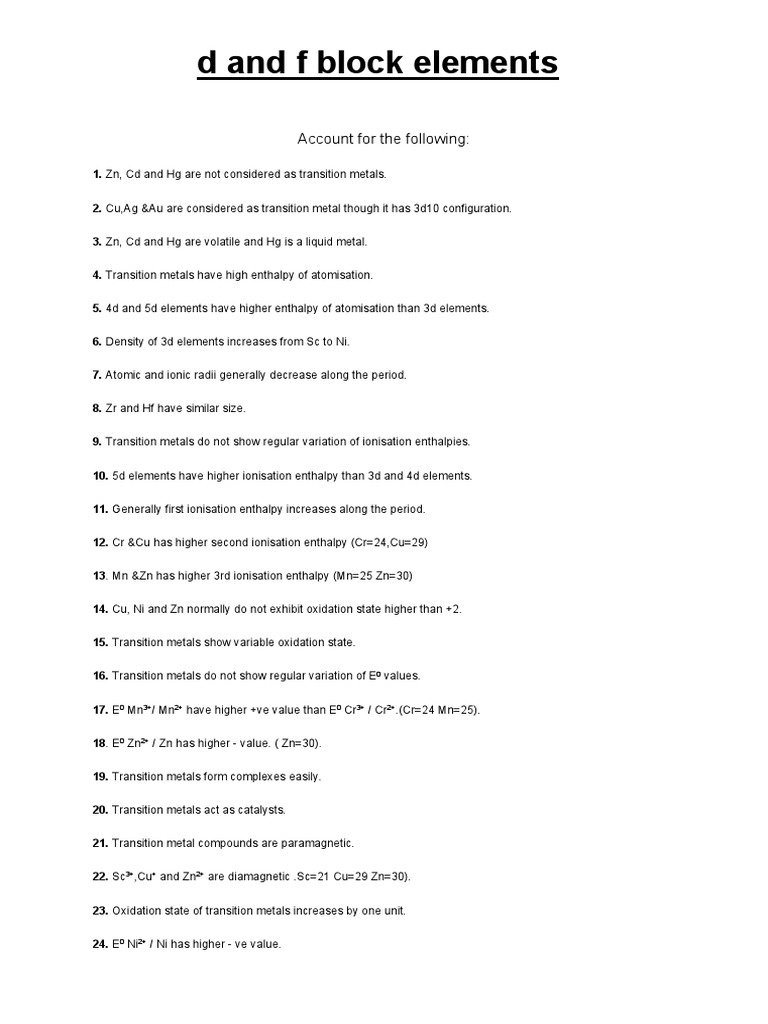 D And F Block Elements Pdf Transition Metals Redox 