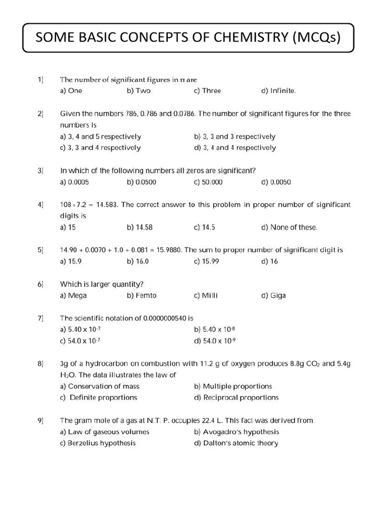 Some Basic Concepts Of Chemistry Mcqs Pdf