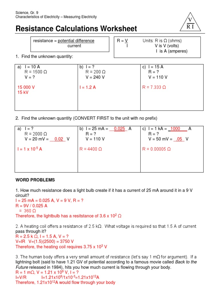 Resistance Calculations Worksheet Answers | PDF