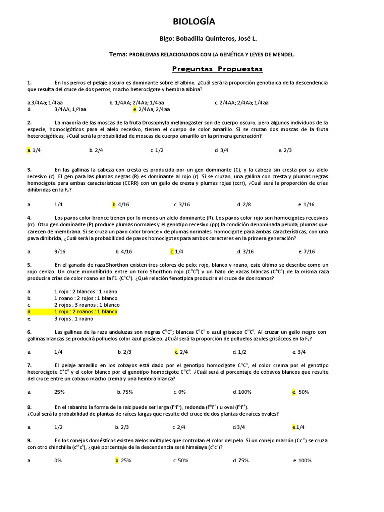 Problemas de Genética con las leyes de Mendel (1) | PDF | Dominancia ...