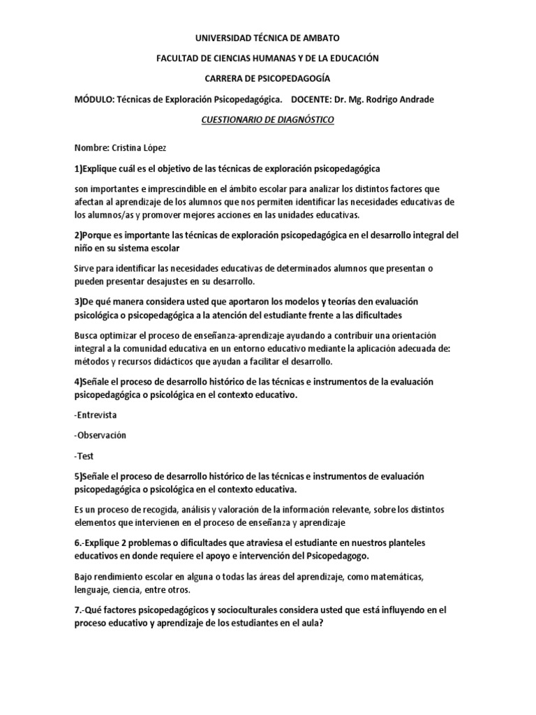 Cuestionario Diagnostico | PDF | Aprendizaje | Sicología