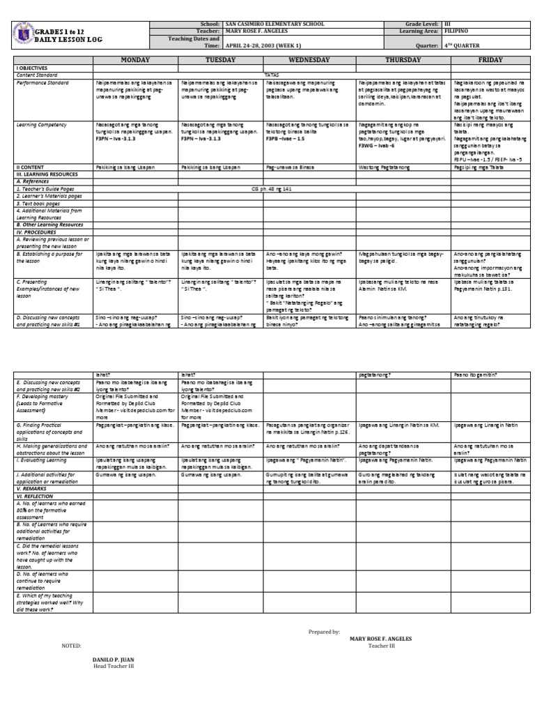 DLL Filipino-3 Q4 W1 | PDF