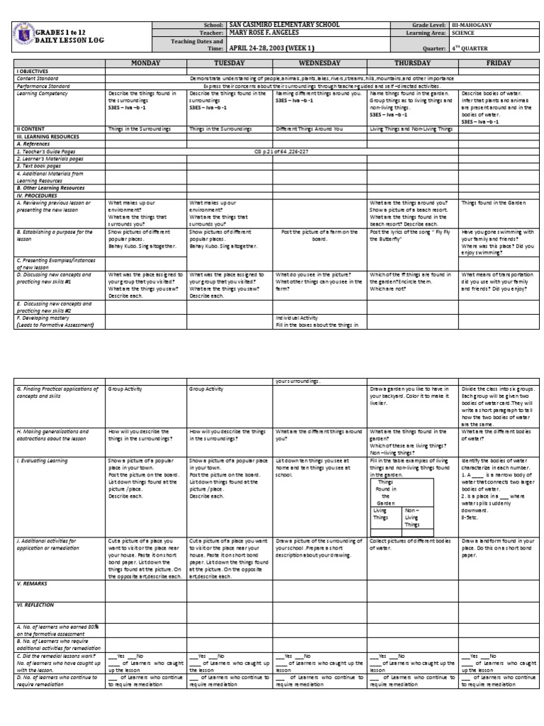 DLL Science-3 Q4 W1 | PDF | Differentiated Instruction | Learning
