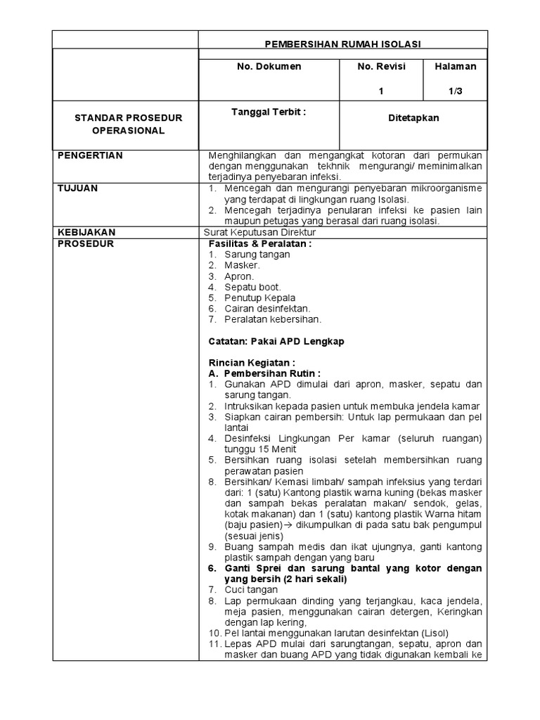 SOP Ruang Isolasi Covid 19 | PDF