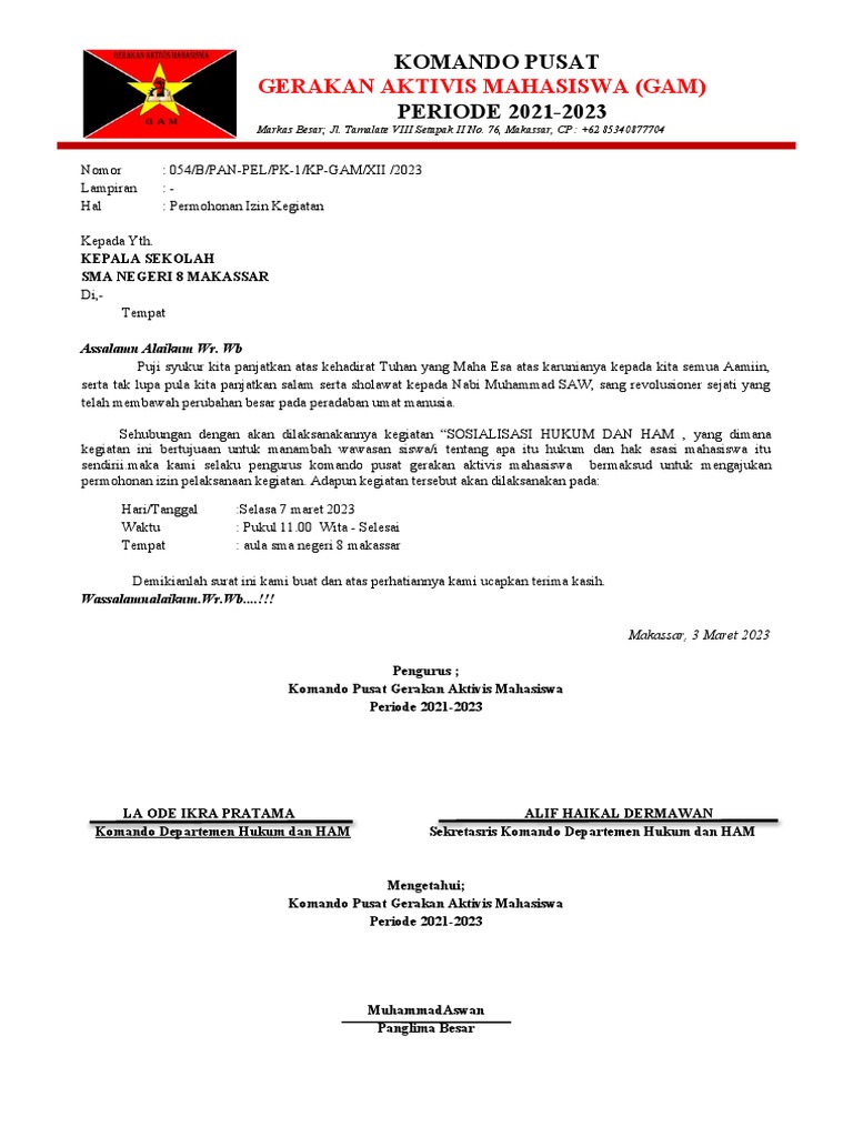 Surat Permohonan Kegiatan Di Sekolah | PDF