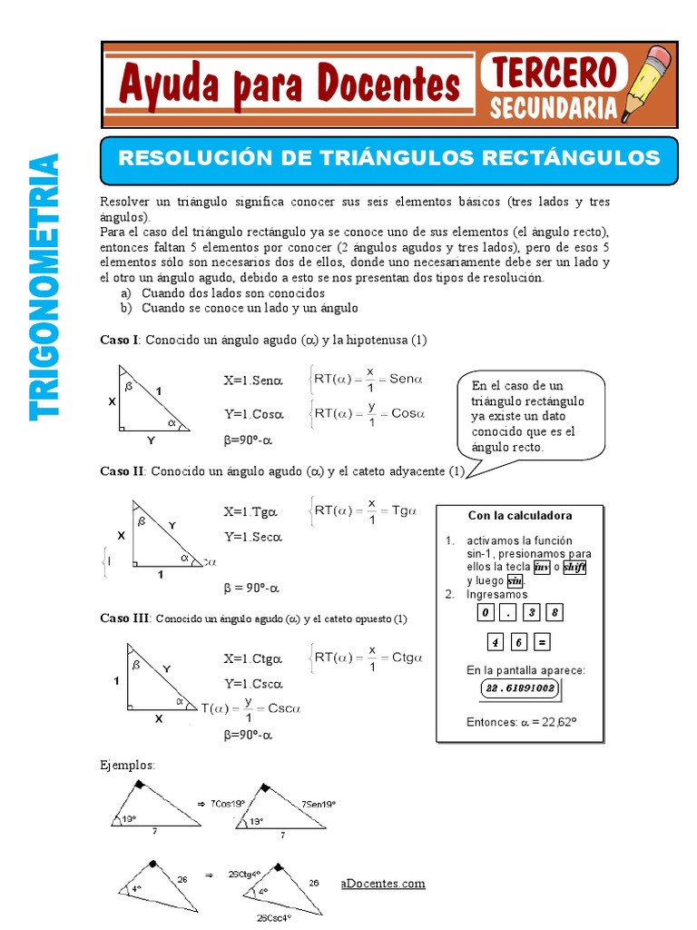 Resolucion de Triangulos Rectangulos para Tercero de Secundaria | PDF | Triángulo | Geometría ...