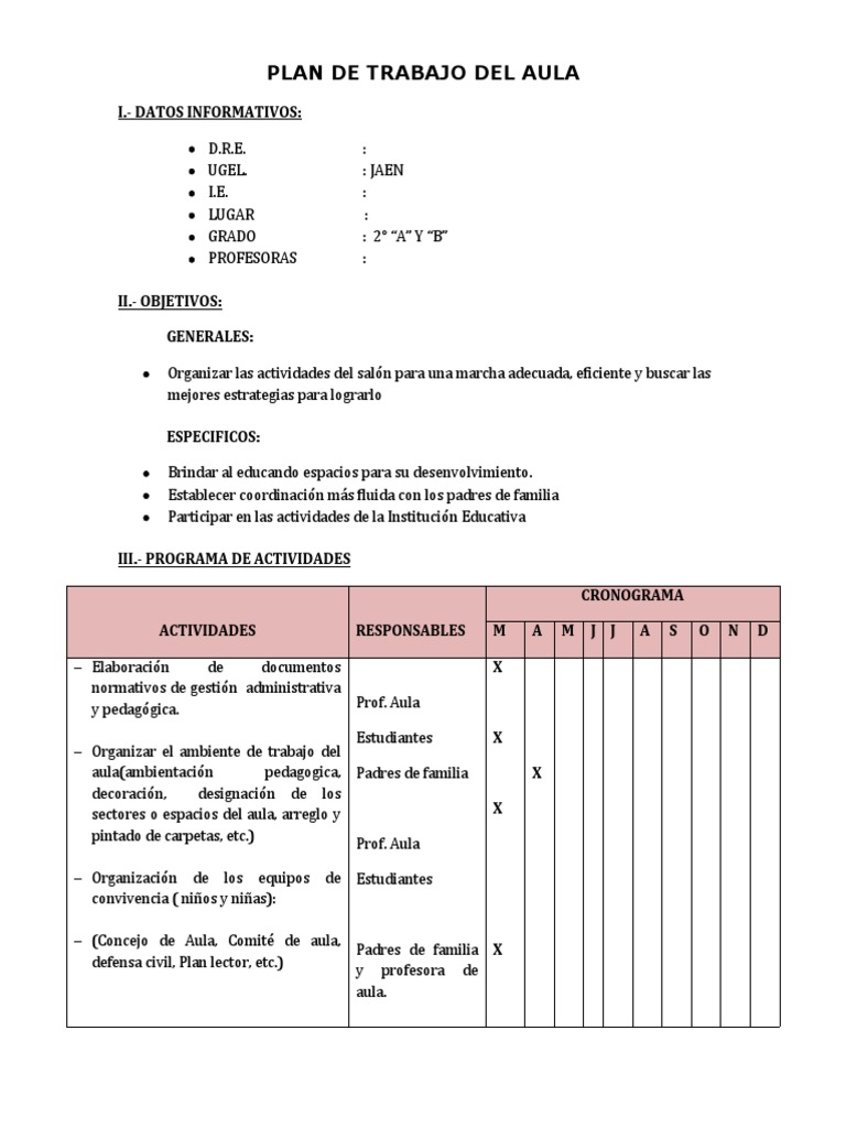 Plan de Trabajo de Aula | PDF | Salón de clases | Maestros