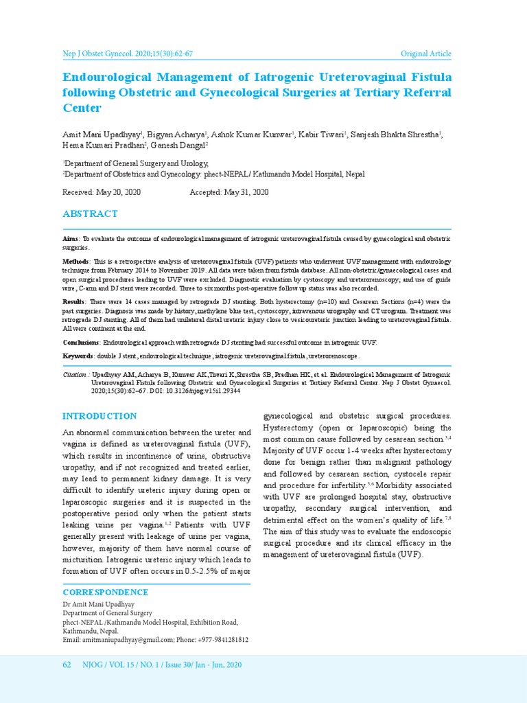 Endourological Management of Iatrogenic Ureterovaginal Fistula ...