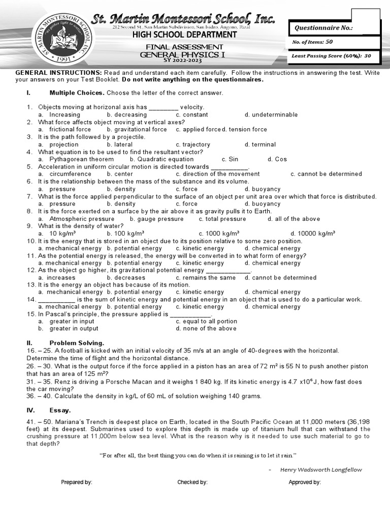G12 General Physics Qa2 | PDF | Force | Pressure