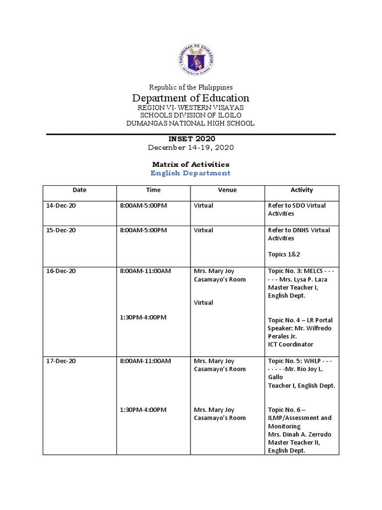 INSET 2020 English Dept Activities | PDF