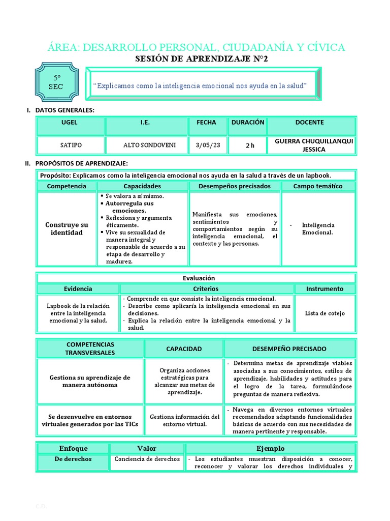 5° Sesión de Aprendizaje Sesión2-Sem.1-Exp.2 - DPCC | PDF | Las emociones | Aprendizaje