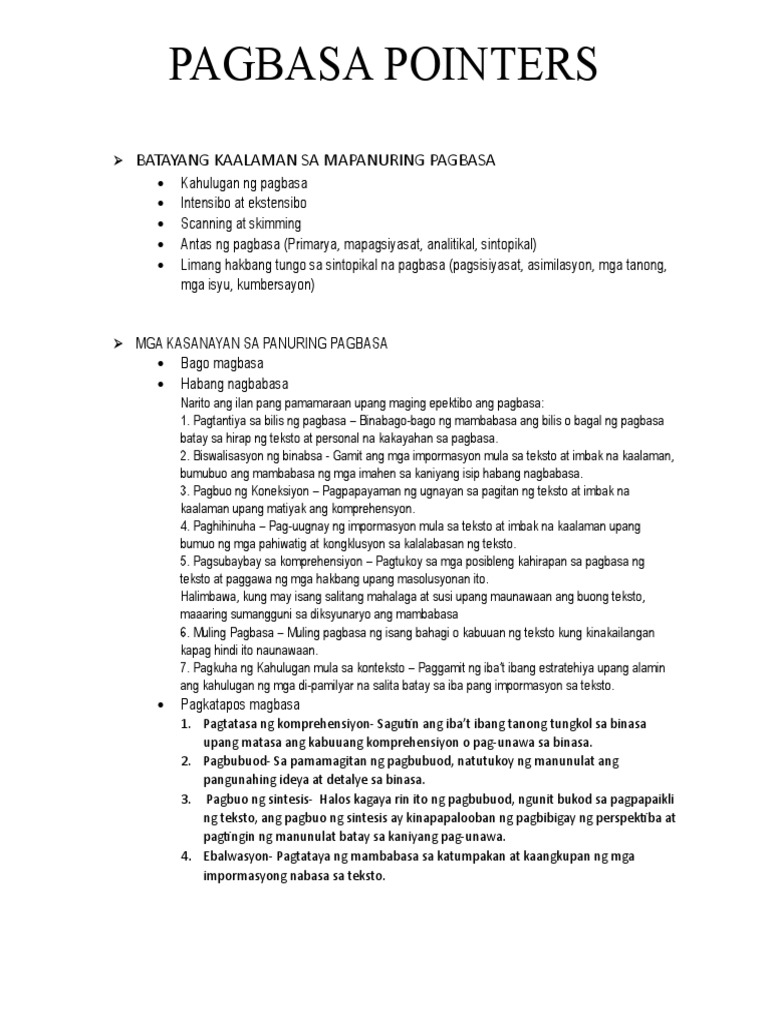 Pagbasa Pointers: Batayang Kaalaman Sa Mapanuring Pagbasa | PDF