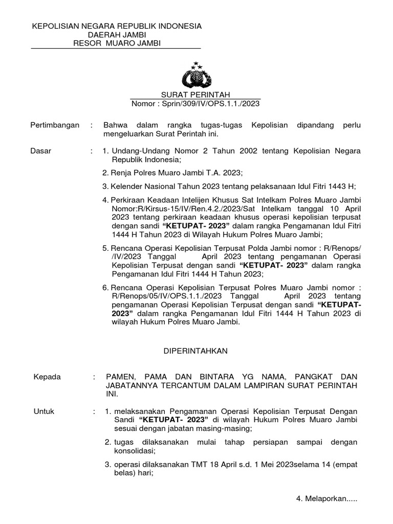 Sprin Ops Ketupat 2023 - Revisi | PDF