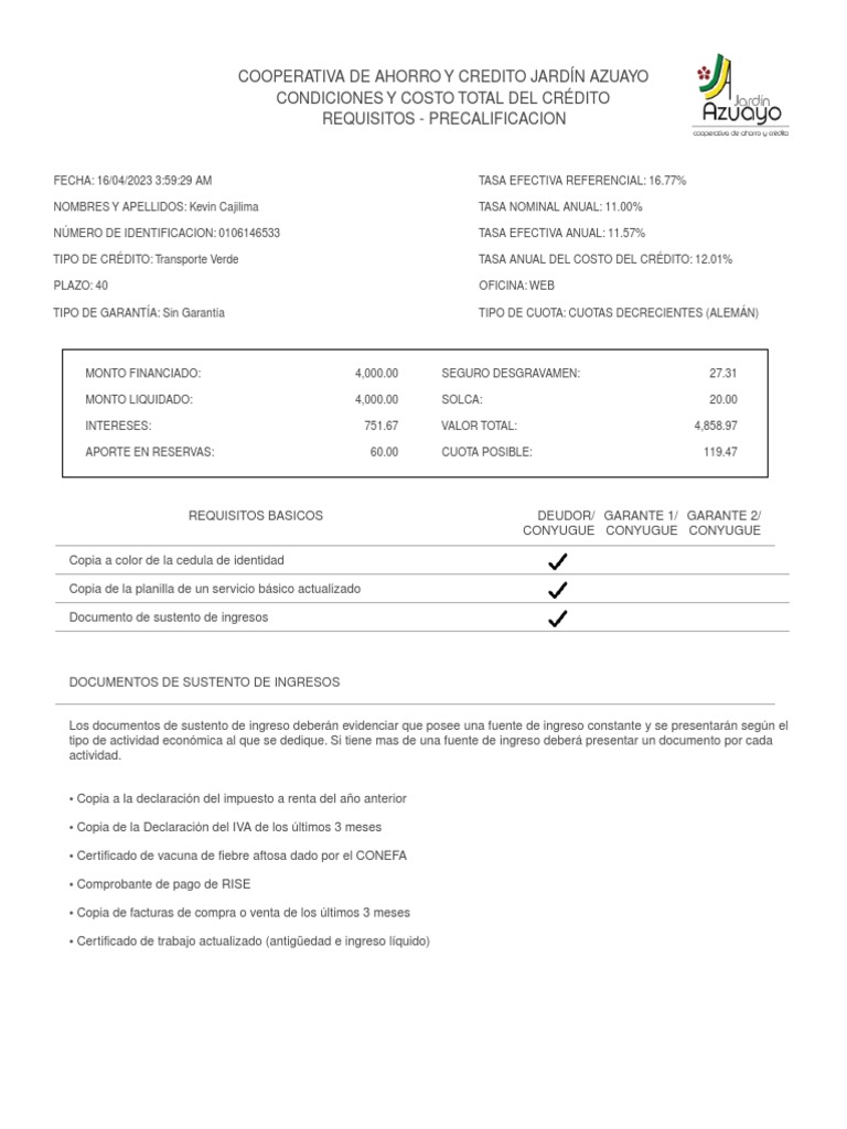 Cooperativa de Ahorro Y Credito Jardín Azuayo Condiciones Y Costo Total Del Crédito Requisitos ...