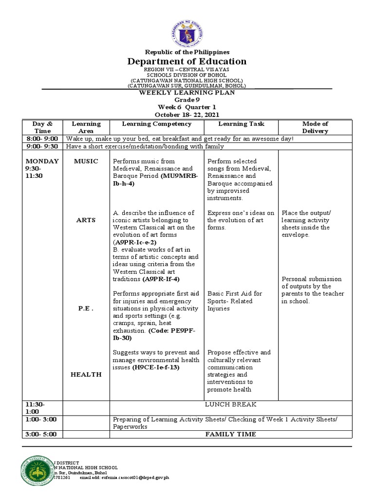 DepEd Weekly Learning Plans | PDF | Cognition | Cognitive Science