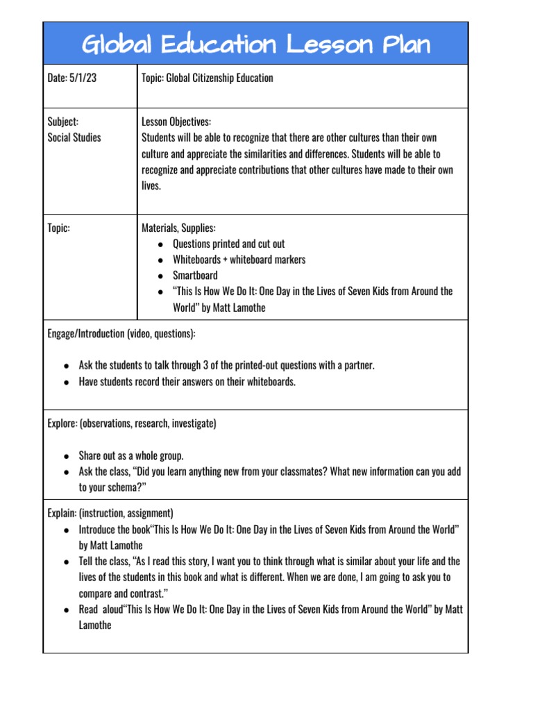 Global Education Lesson Plan 1 | PDF | Lesson Plan | Behavior Modification Global Education Lesson Plan 1 | PDF | Lesson Plan | Behavior Modification