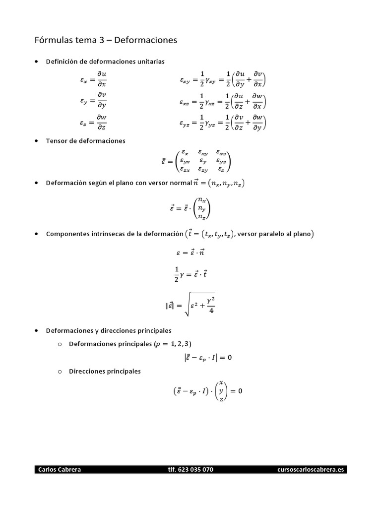 Fórmulas Tema 3 - Deformaciones: Carlos Cabrera Tlf. 623 035 070 Cursoscarloscabrera - Es | PDF ...