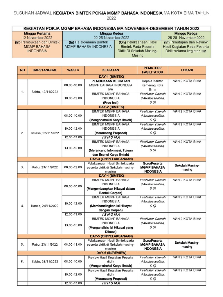 Jadwal Kegiatan Bimtek | PDF