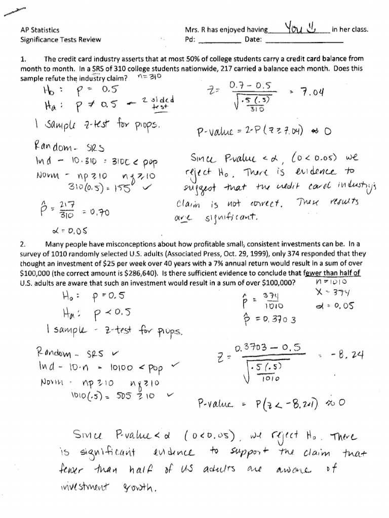 Significance Test Review WS Solns | PDF