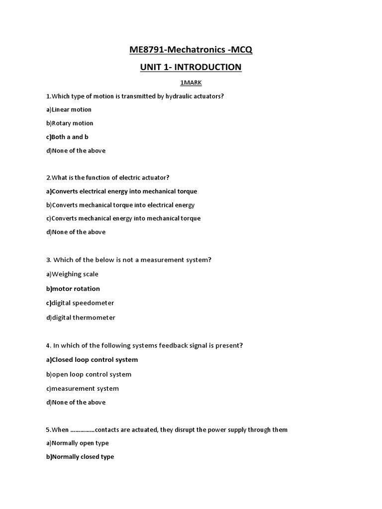 ME 8791 - MCQs - Mechatronics | PDF | Programmable Logic Controller | Relay