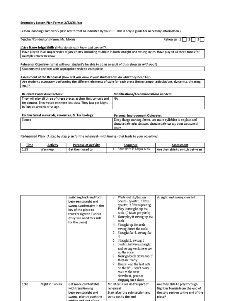 Example Jazz Lesson Plan - Swing Vs | PDF