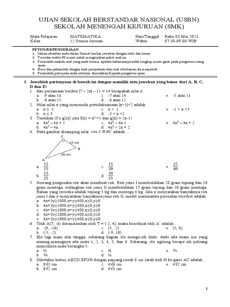 Soal Us SMK MTK 2023 | PDF