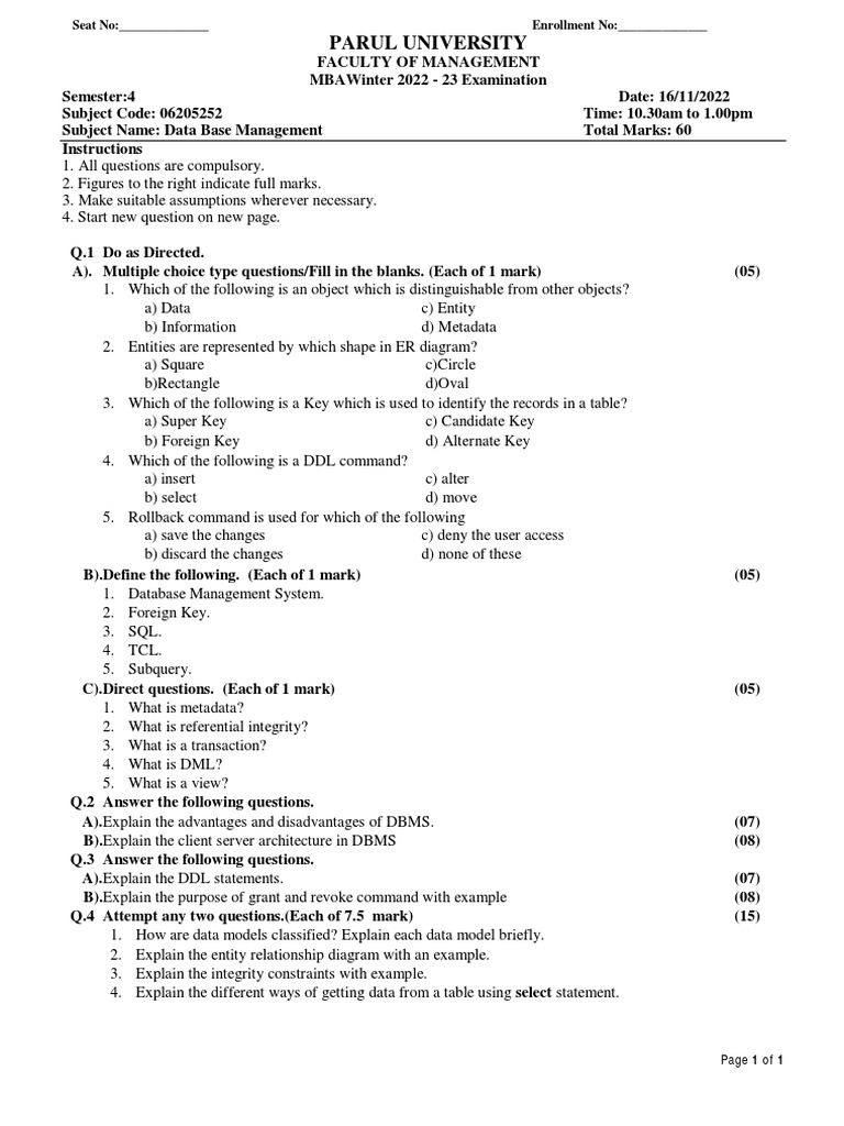 4725 Question Paper | Download Free PDF | Databases | Information ...
