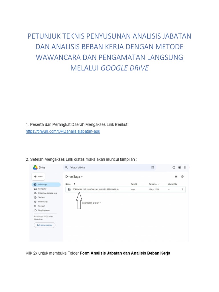 Petunjuk Teknis Penggunaan Google Drive Untuk Optimalisasi Anjab Abk Tahun 2023 | PDF