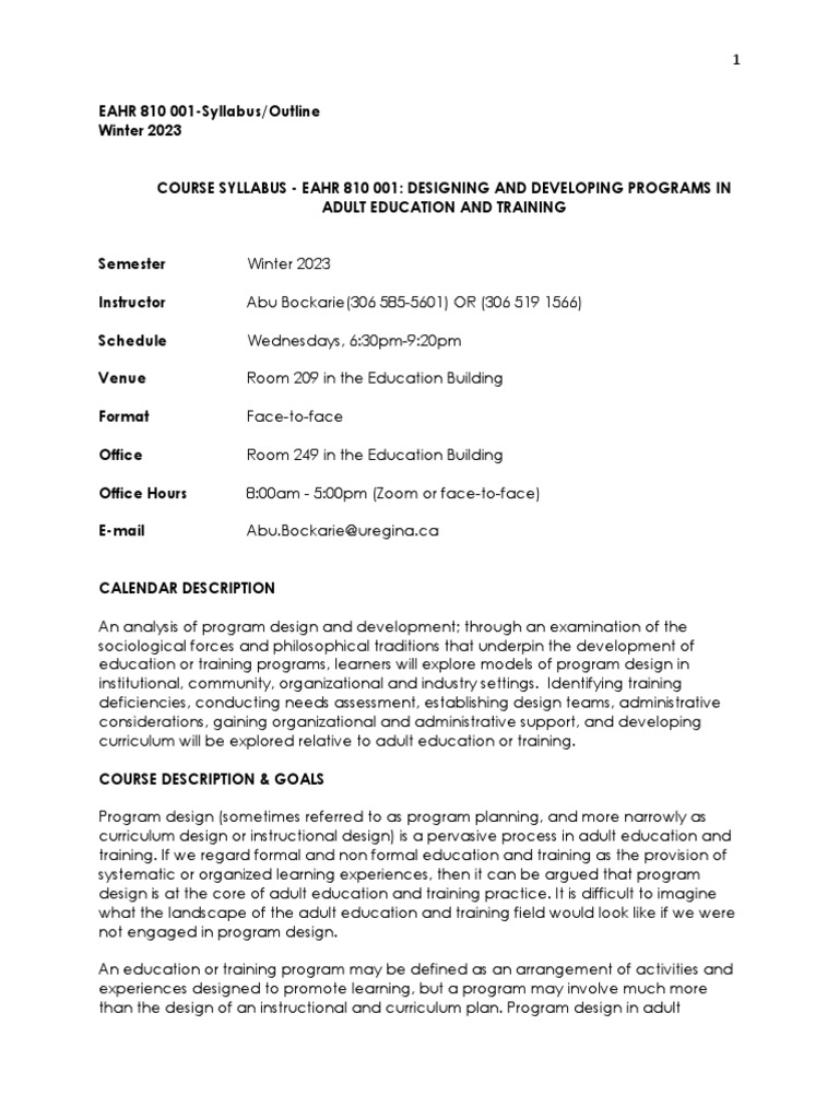 Course Syllabus Program Design EAHR 810 | PDF