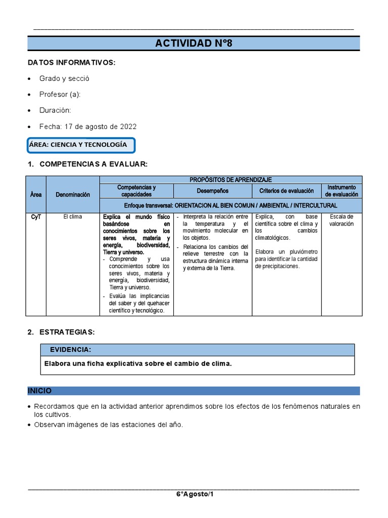 Actividad N°8: Área: Ciencia Y Tecnología | PDF | Clima | Meteorología
