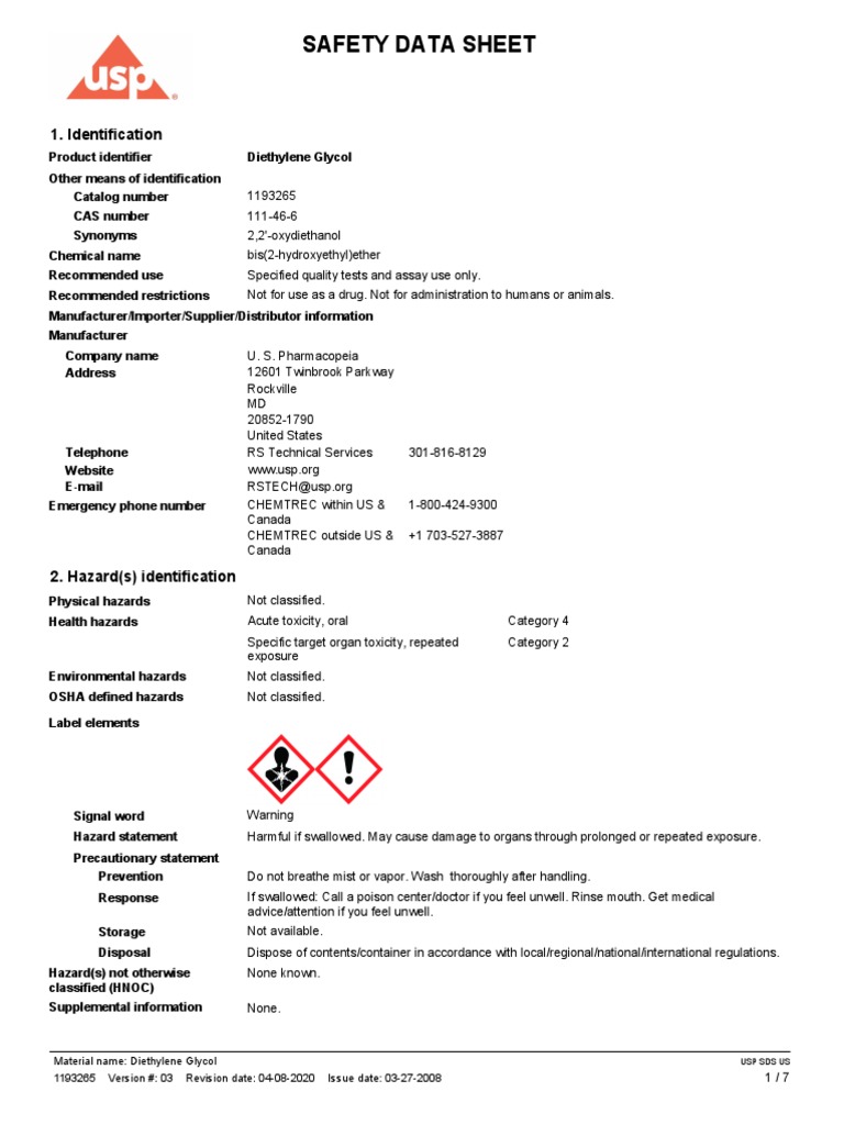 Diethylene Glycol Safety Data Sheet | PDF | Personal Protective ...