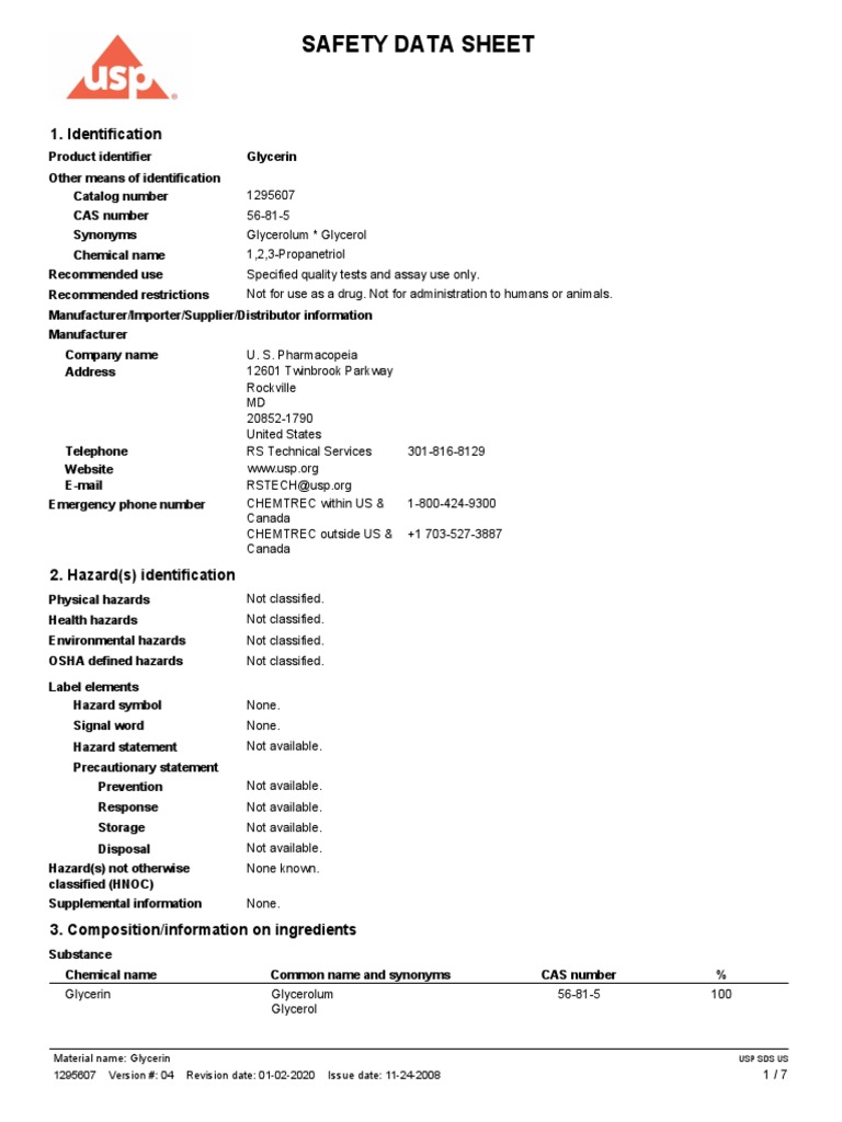 Safety Data Sheet for Glycerin | PDF | Dangerous Goods | Solubility