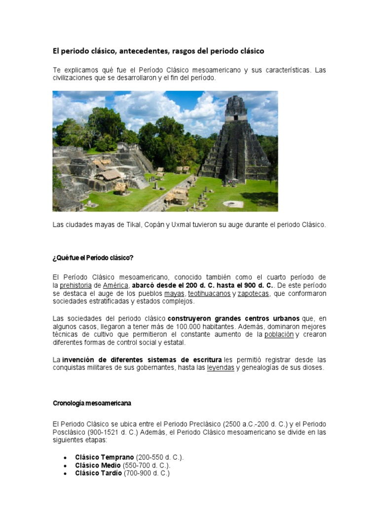 El Periodo Clásico, Antecedentes, Rasgos Del Periodo Clásico | PDF ...