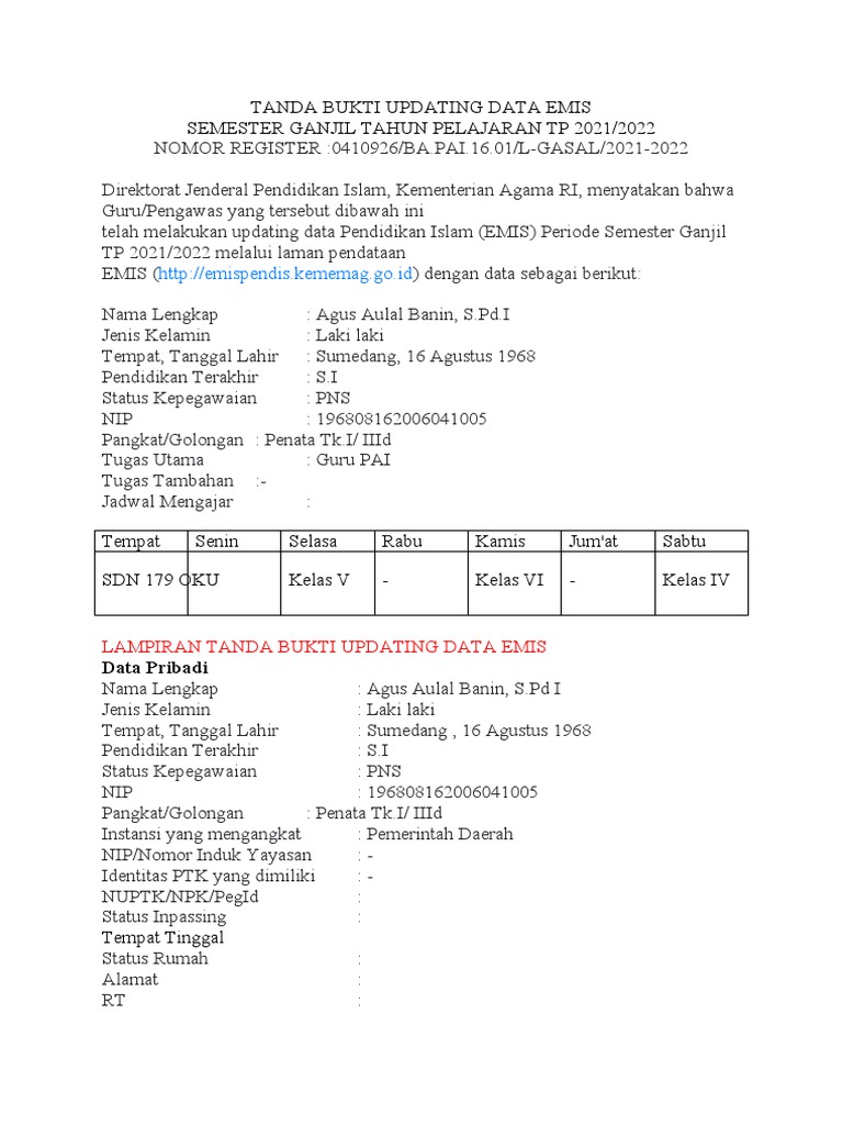 Tanda Bukti Updating Data Emis Agus Ab TH21 | PDF