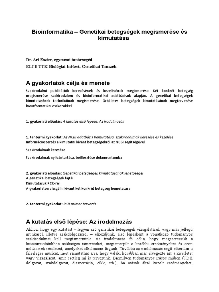 Bioinformatika - Genetikai Betegségek Megismerése És Kimutatása | PDF