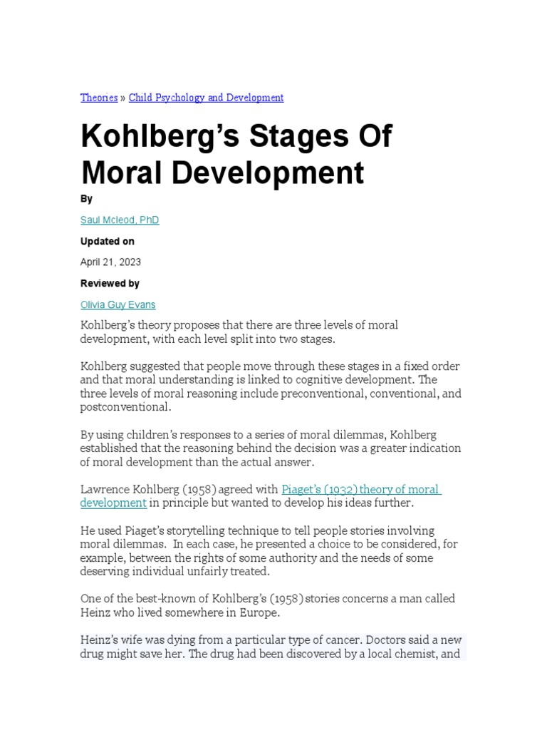 For Kohlberg's Theory of Moral Development | PDF | Morality | Cognitive ...
