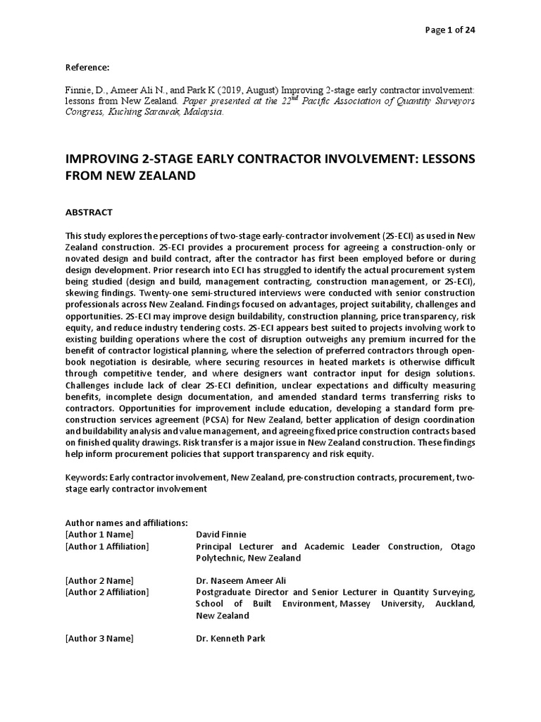 IMPROVING 2-STAGE EARLY CONTRACTOR INVOLVEMENT LESSONS FROM NEW ZEALAND ...