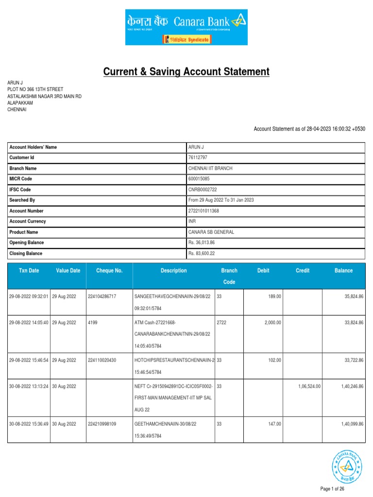 Current & Saving Account Statement: Arun J Plot No 366 13Th Street Astalakshmi Nagar 3Rd Main RD ...