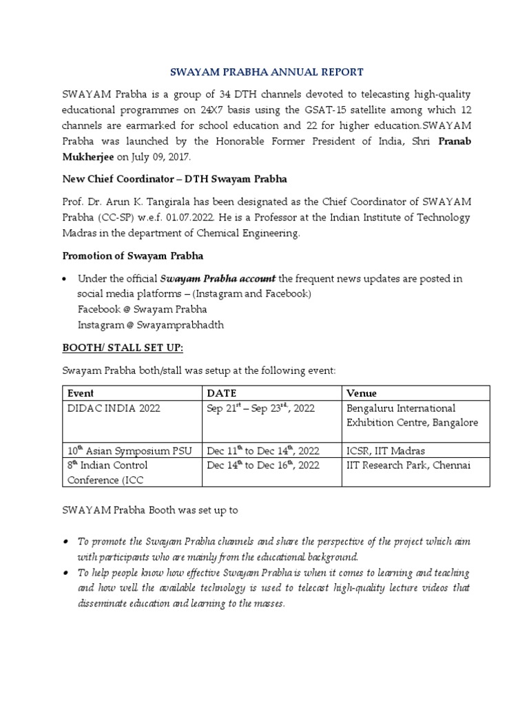 Mukherjee On July 09, 2017. New Chief Coordinator - DTH Swayam Prabha | PDF