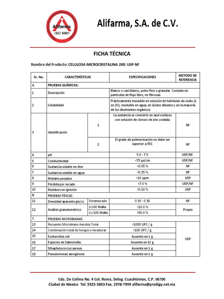 Ficha Técnica Alifarma Celulosa Microcristalina 200 | PDF | Solubilidad ...