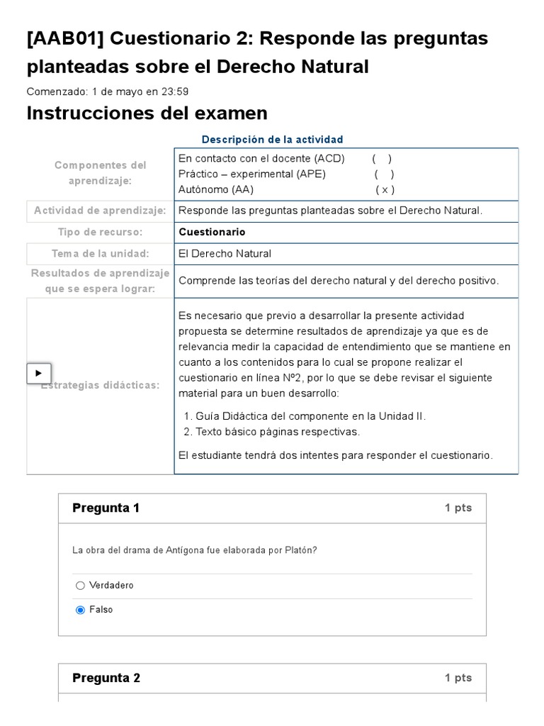 Examen - (AAB01) Cuestionario 2 - Responde Las Preguntas Planteadas Sobre El Derecho Natural ...