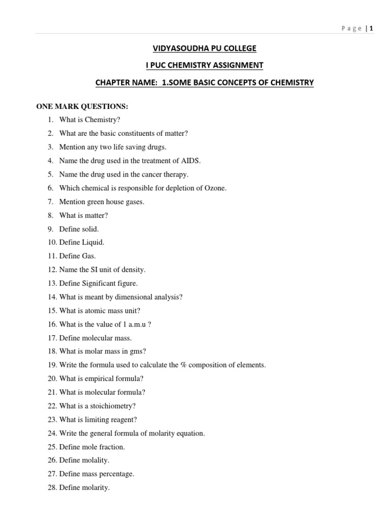 Chapter-1 Some Basic Concepts of Chemistry-Assignment | PDF | Mole (Unit) | Molecules